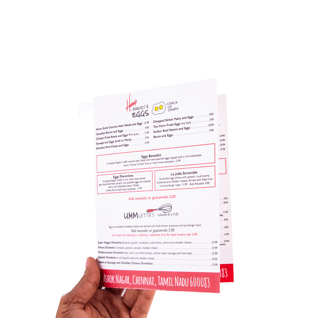 A5 Size Folded Menu Cards Printing- Brochure Printing Online- Inkmonk